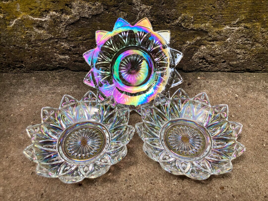 VTG 1960’s Iridescent Sunflower Glass Dish’s Three Piece Set Made or Carvincal Federal Pressed ...
