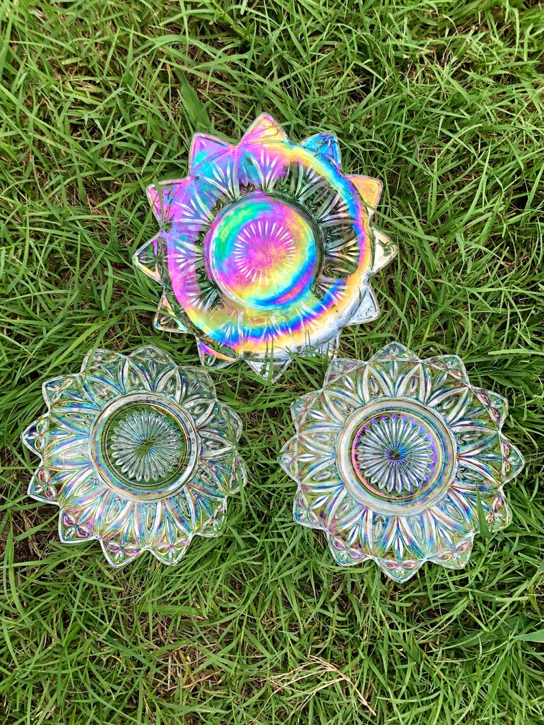 VTG 1960’s Iridescent Sunflower Glass Dish’s Three Piece Set Made or Carvincal Federal Pressed ...