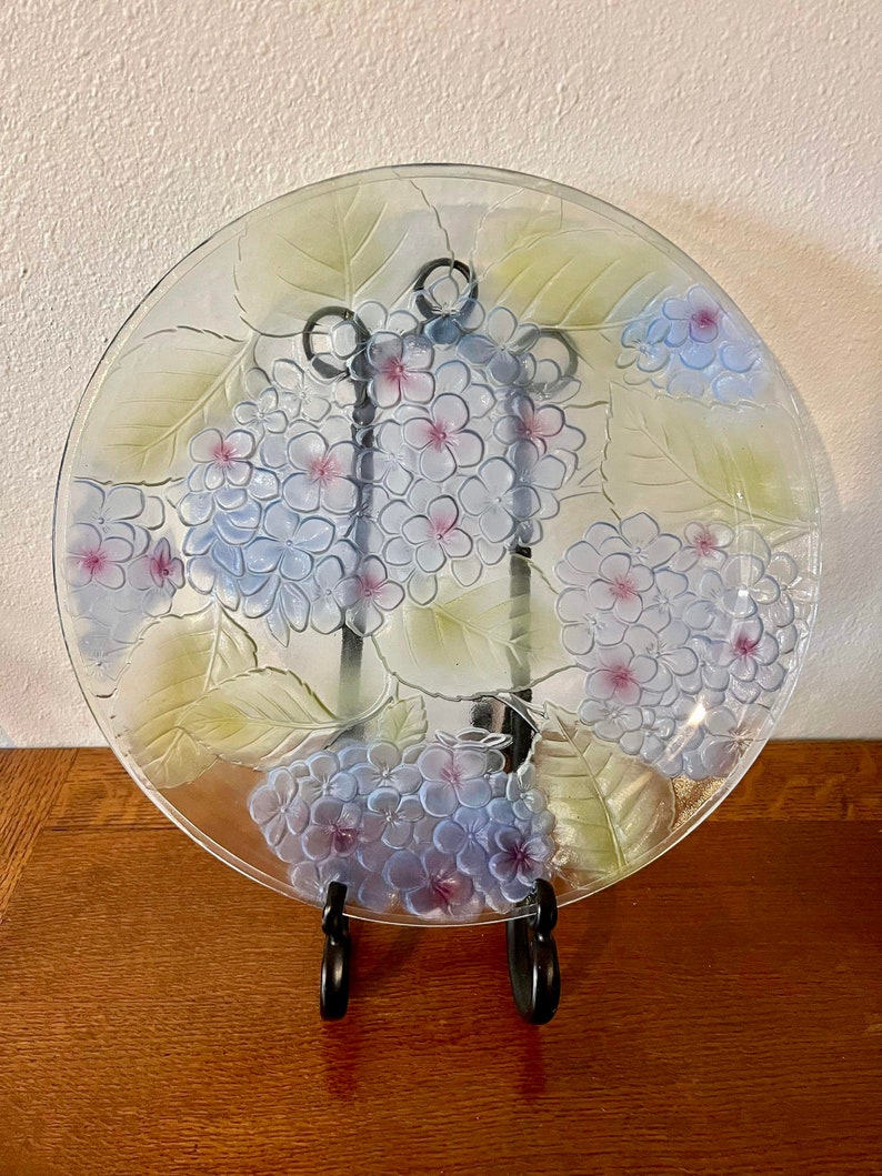 Vintage, 13" Crystal Plate With Hydrangea Flowers, Round Serving ...