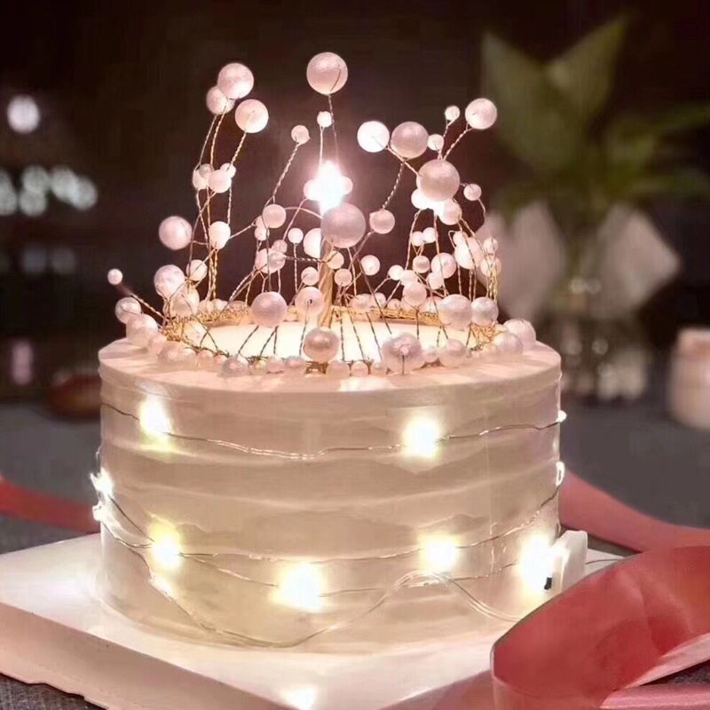 Shiny Handmade Happy Birthday Cake Topper, White Artificial Pearl Crown ...