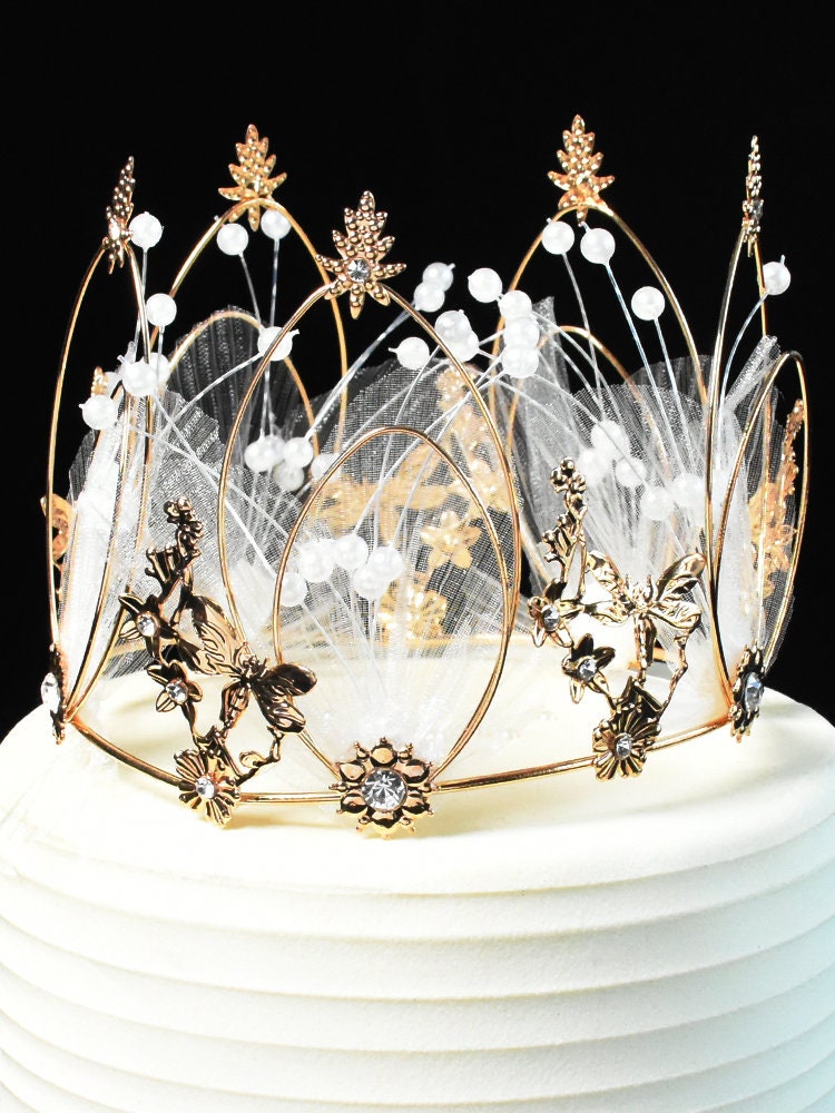 Shiny Handmade Happy Birthday Cake Topper, White Artificial Pearl Crown ...