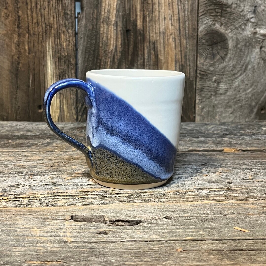 12oz Diagonal Stripe Mug | White, Blue, and Mustard | Ceramic Hand ...