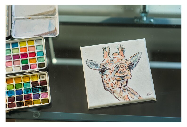 Original Hand Painted Watercolor Giraffe Painting, 6x6 Inch Canvas Art ...
