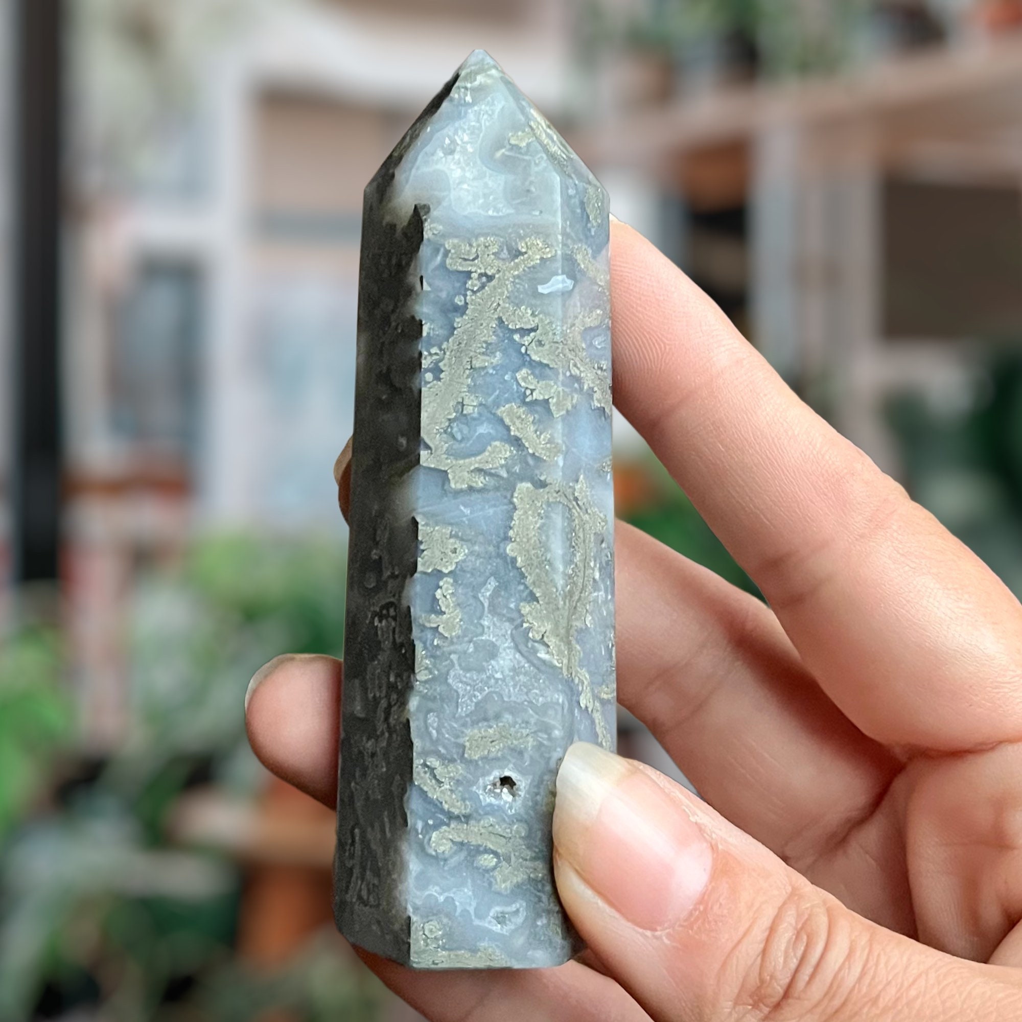 Large Marcasite Blossom Pyrite Obelisk in Blue Agate | Nipomo Marcasite ...