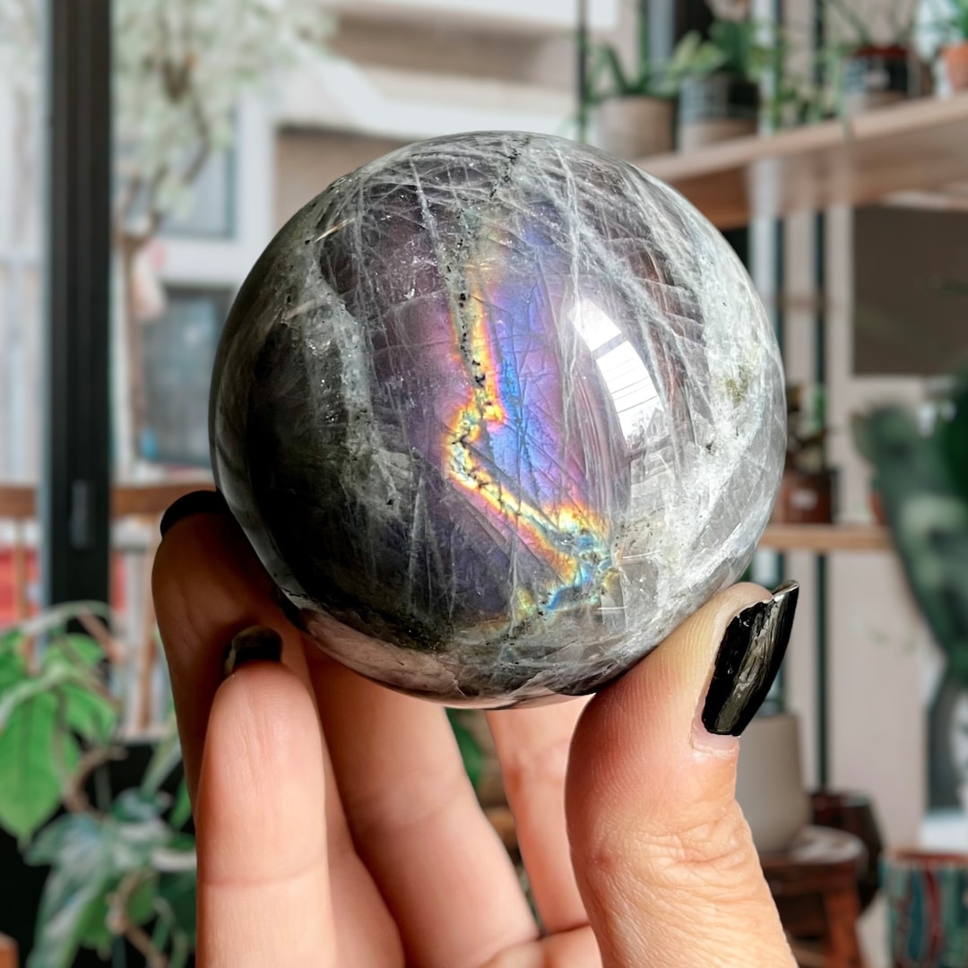 Rare White Labradorite Moonstone Crystal Sphere W/ Green Tourmaline ...