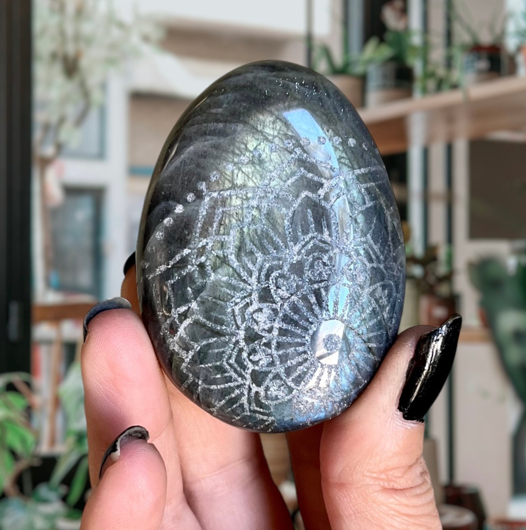 Sacred Mandala Labradorite Crystal Palm Stone Hand Carved Labradorite Mandala Talisman Rainbow ...