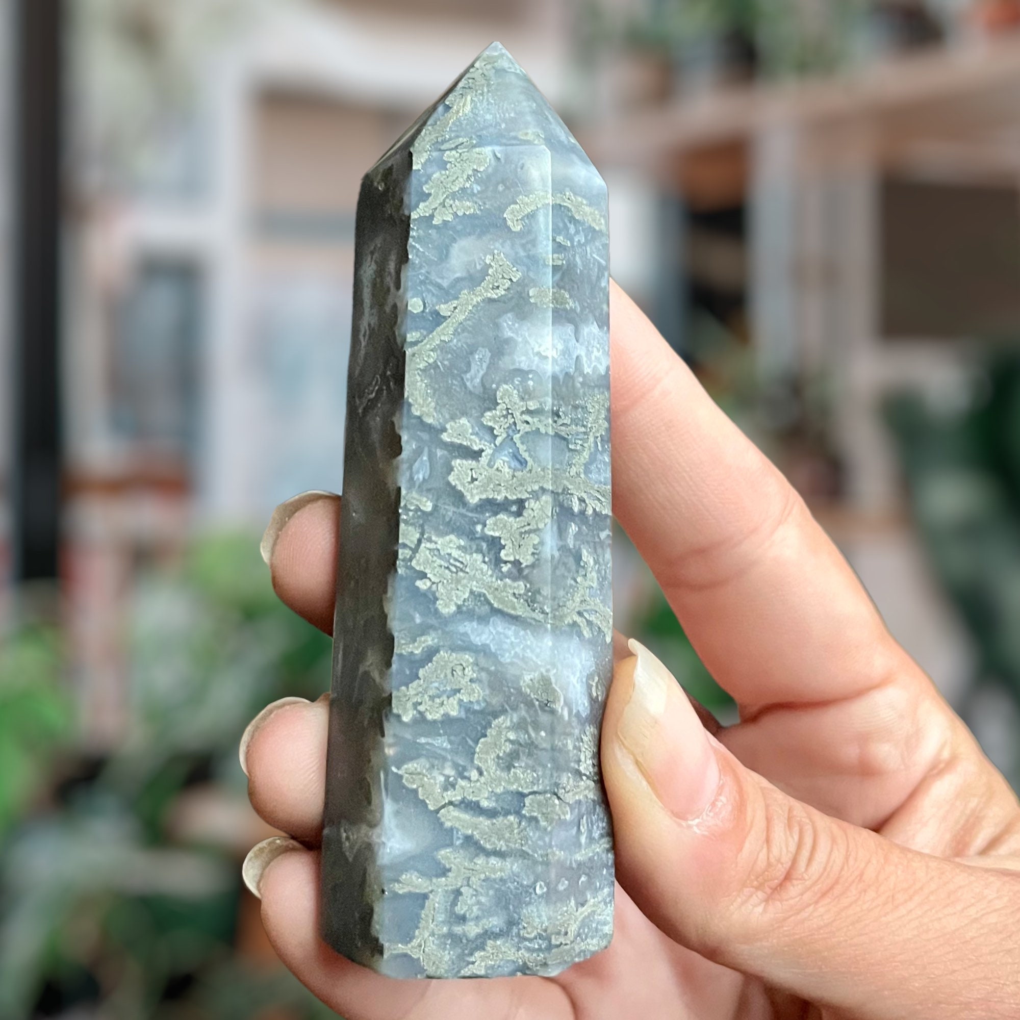 Large Marcasite Blossom Pyrite Obelisk in Blue Agate | Nipomo Marcasite ...