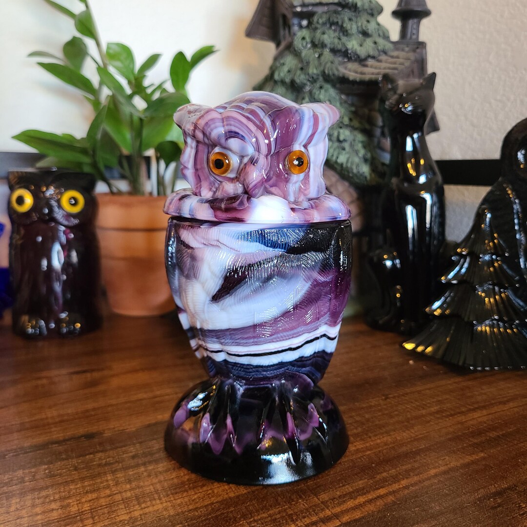 Vintage Imperial Glass Owl Toby Jar Candy Dish Purple Slag Glass- End ...