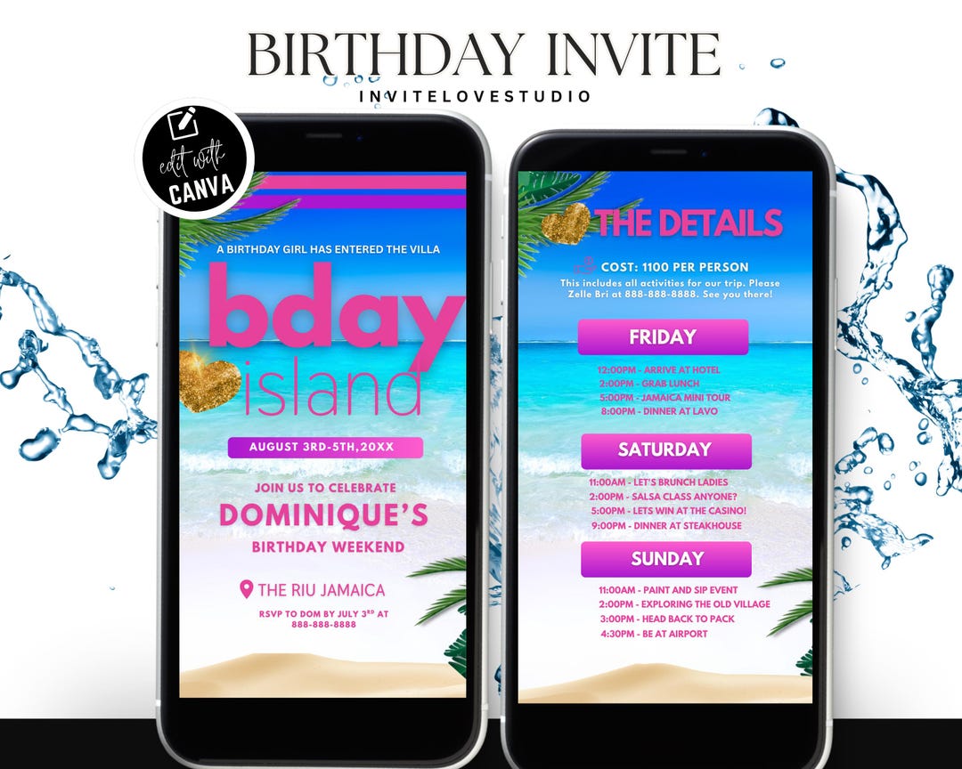 Editable Bday Island Invitation, Digital Tropical Love Birthday Girl ...