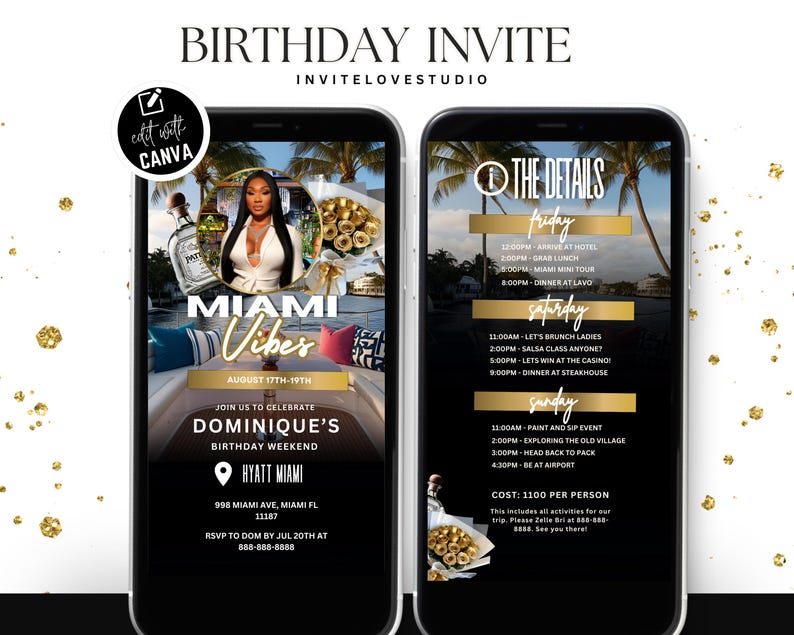 Miami Birthday Girl Trip Invitation, Editable Itinerary Template (canva ...