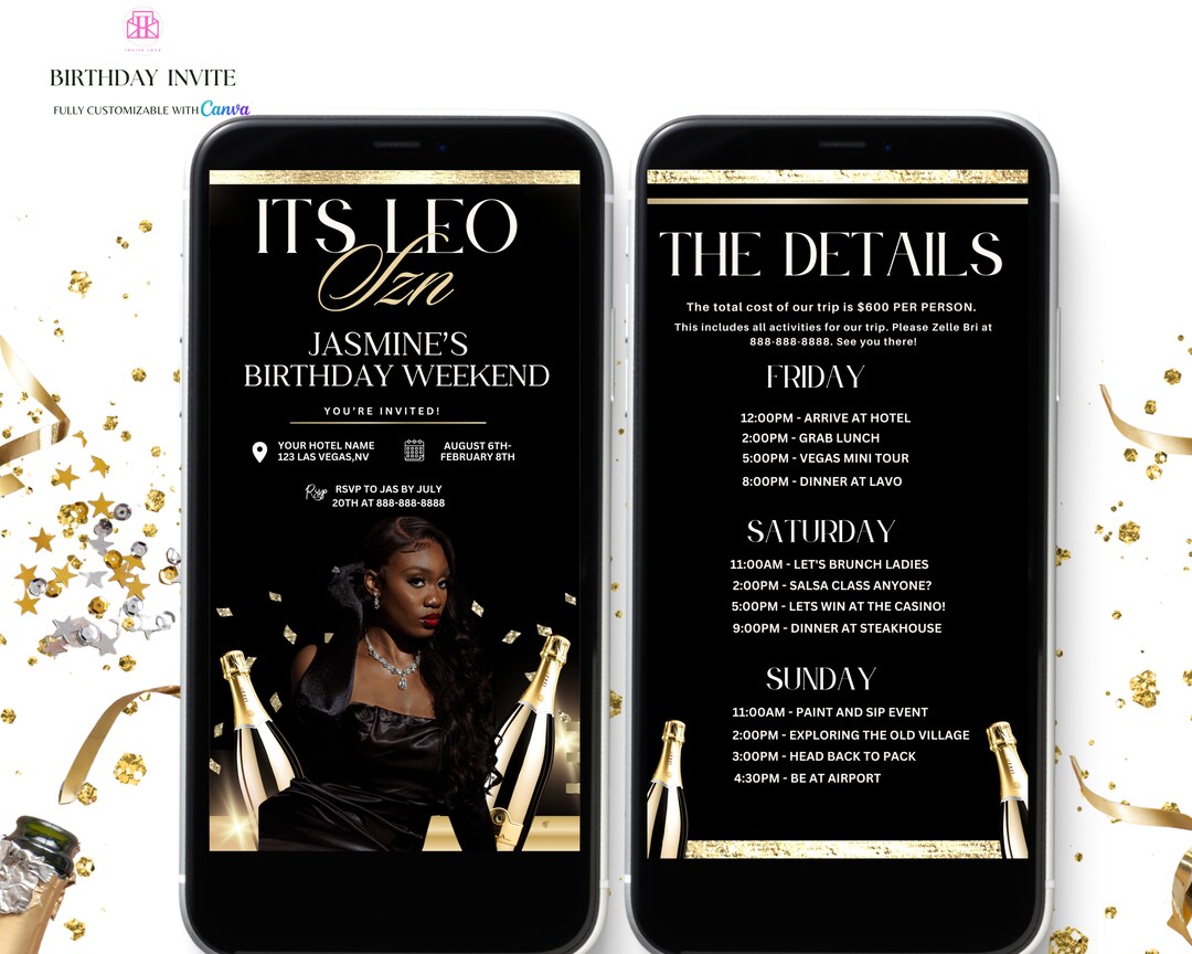 Black and Gold Leo Birthday Weekend Invitation, Digital Birthday Girl ...