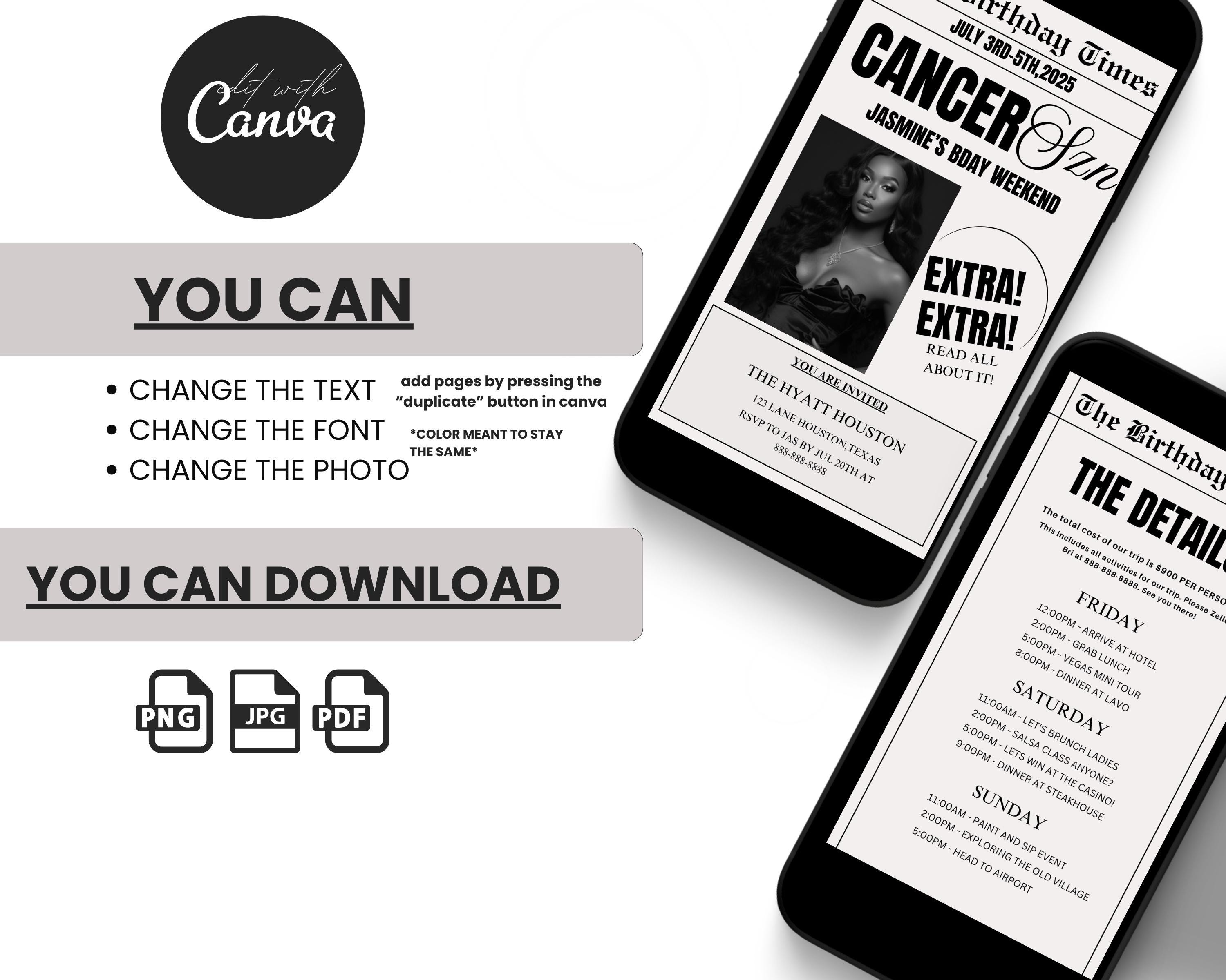 Editable Cancer Birthday Weekend Newspaper Invitation, Digital Cancer ...
