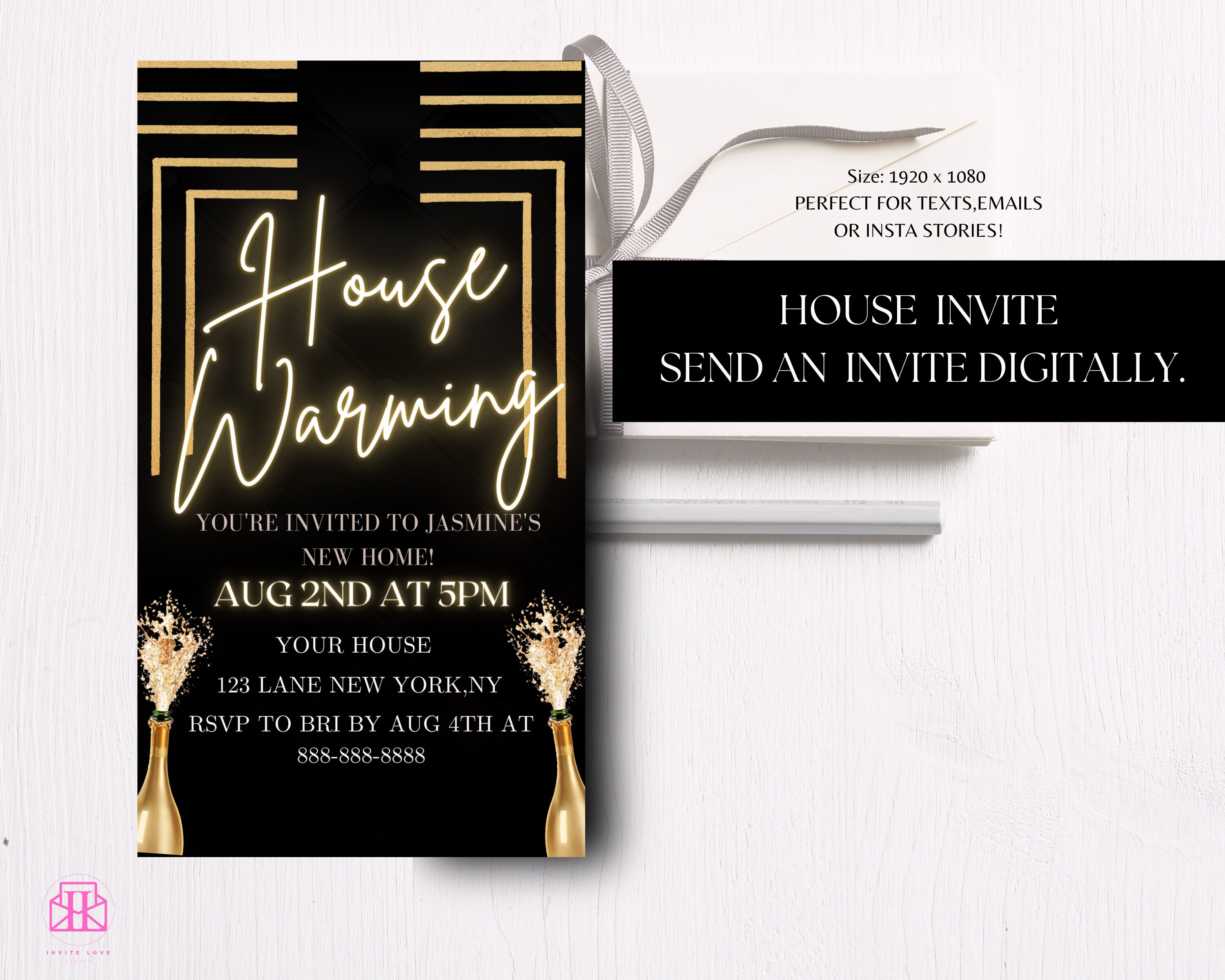 Black and Gold House Warming Invitation, Digital Gold New House Invite ...