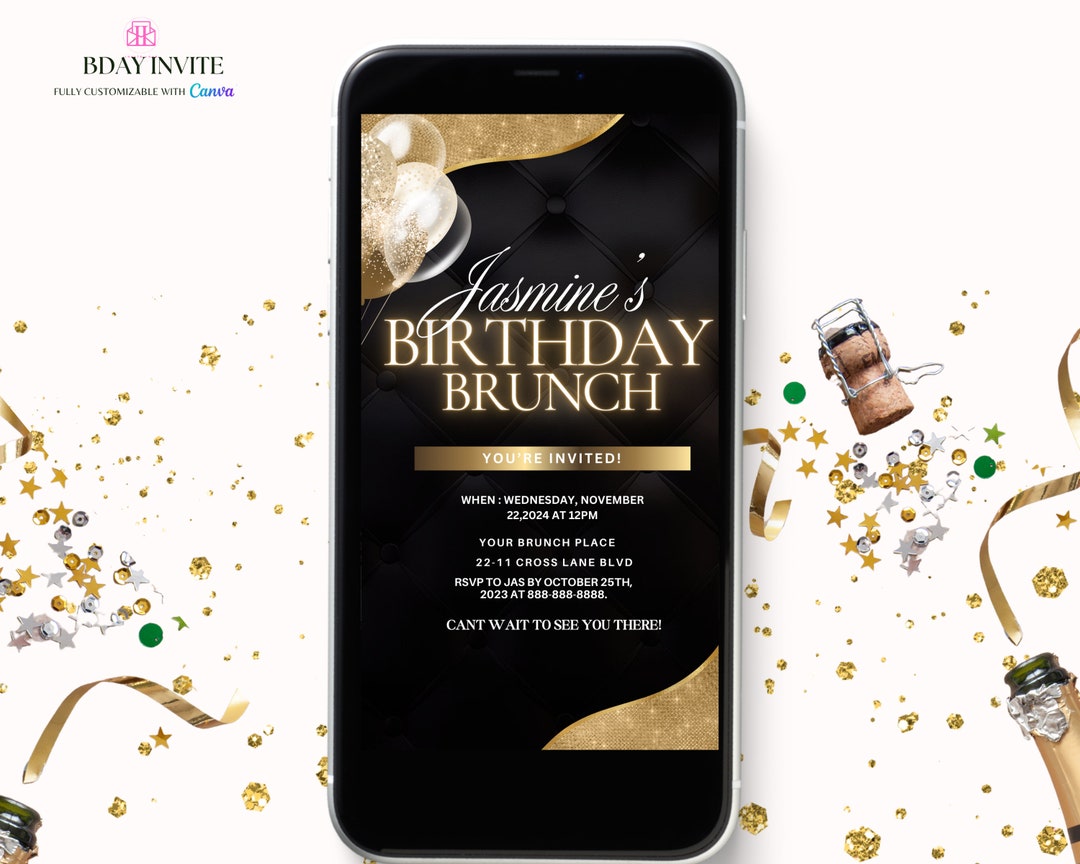 Black and Gold Birthday Brunch Invitation, Women's Brunch Digital ...
