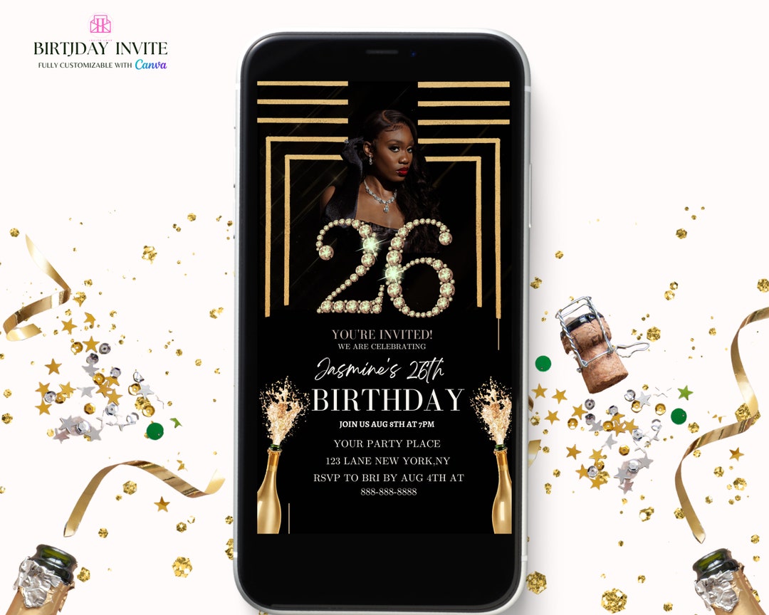 26th Black and Gold Birthday Birthday Party Invitation, 26th Digital ...