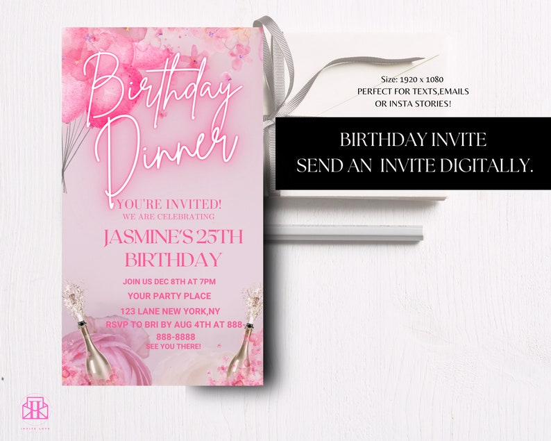 Light Pink Birthday Dinner Invitation, Women's Digital Birthday Dinner ...