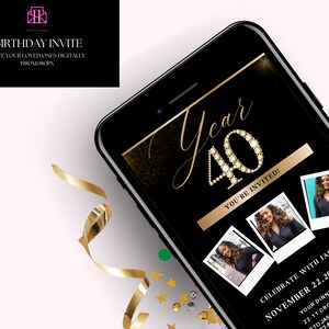40th Black and Gold Birthday Birthday Party Invitation, 40th Glam ...