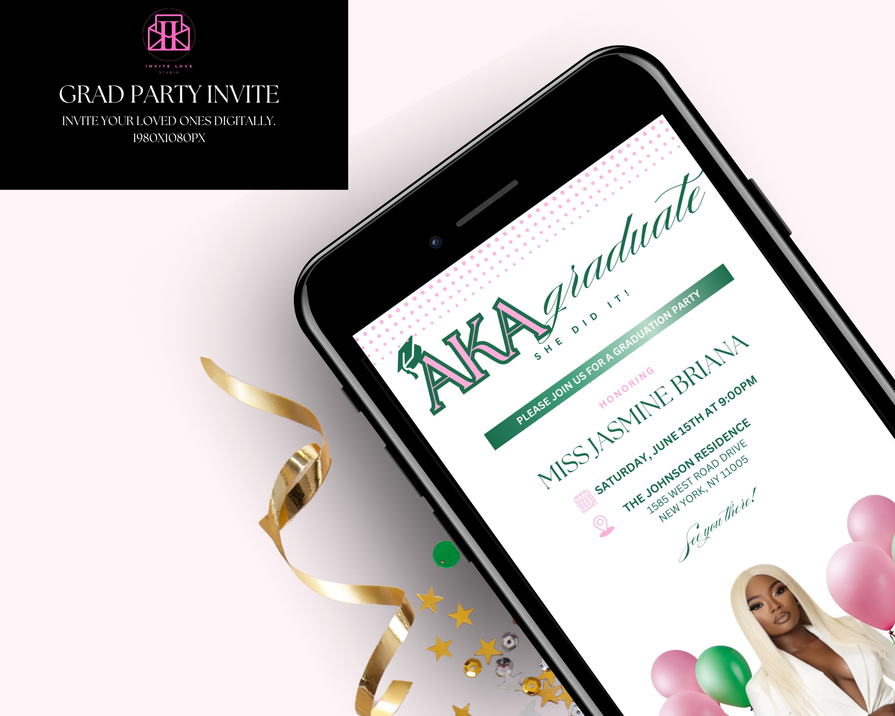 Digital AKA She Did It Graduation Party Invite, Pink Green White ...