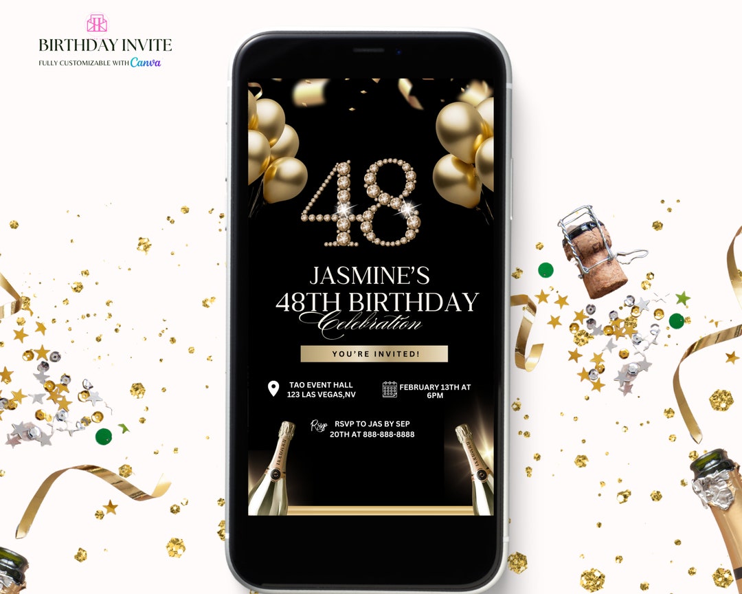 48th Black and Gold Birthday Birthday Party Invitation, 48th Digital ...