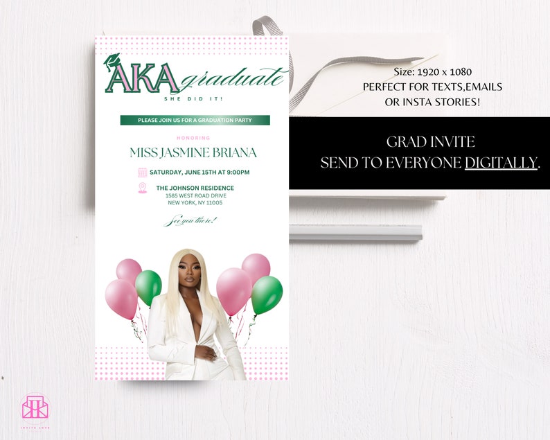 Digital AKA She Did It Graduation Party Invite, Pink Green White ...