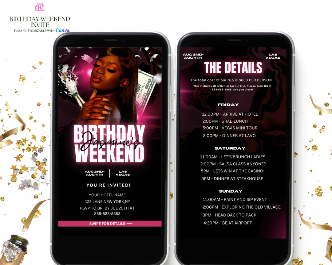 Black and Pink Birthday Birthday Weekend Invitation, Digital Birthday ...