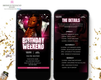 Pink Birthday Birthday Weekend Invitation, Digital Birthday Girl Trip ...