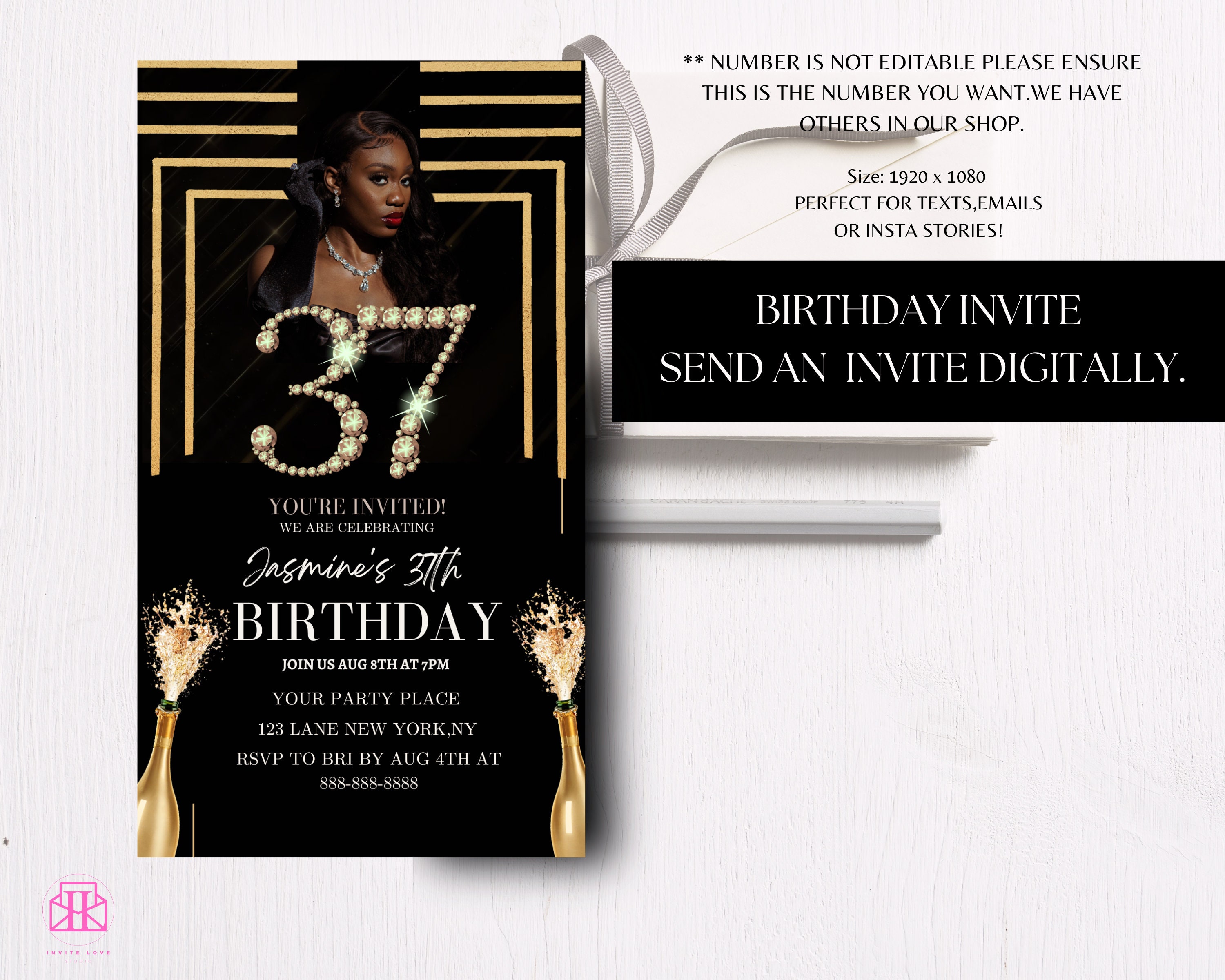 37th Black and Gold Birthday Birthday Party Invitation, 37th Digital ...