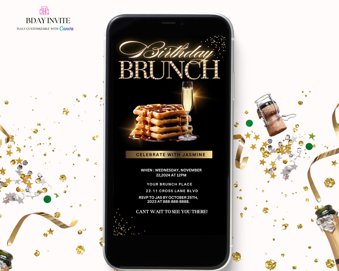 Black and Gold Birthday Brunch Invitation, Women's Brunch Digital ...