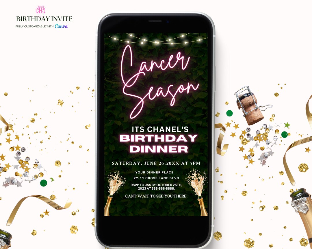 Neon Greenery Cancer Birthday Party Invitation, Women's Digital ...