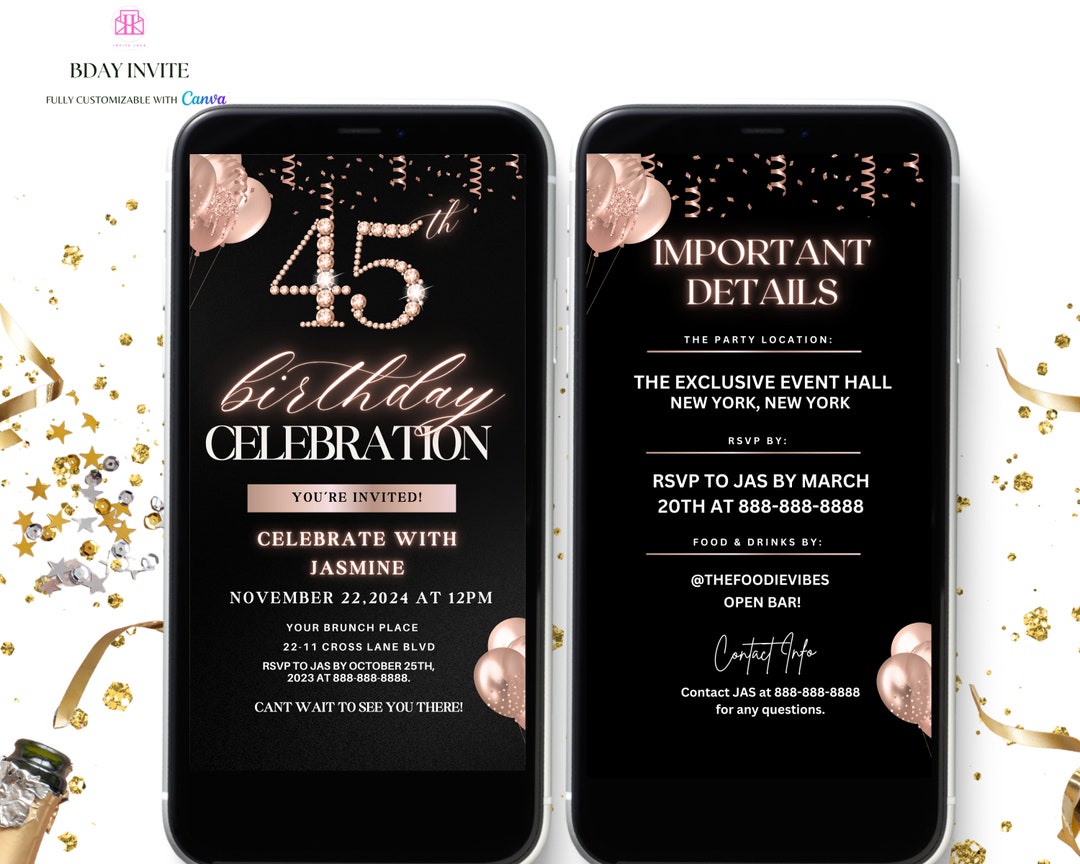45th Rose Gold Birthday Party Invitation, 45th Women's Rose Gold ...