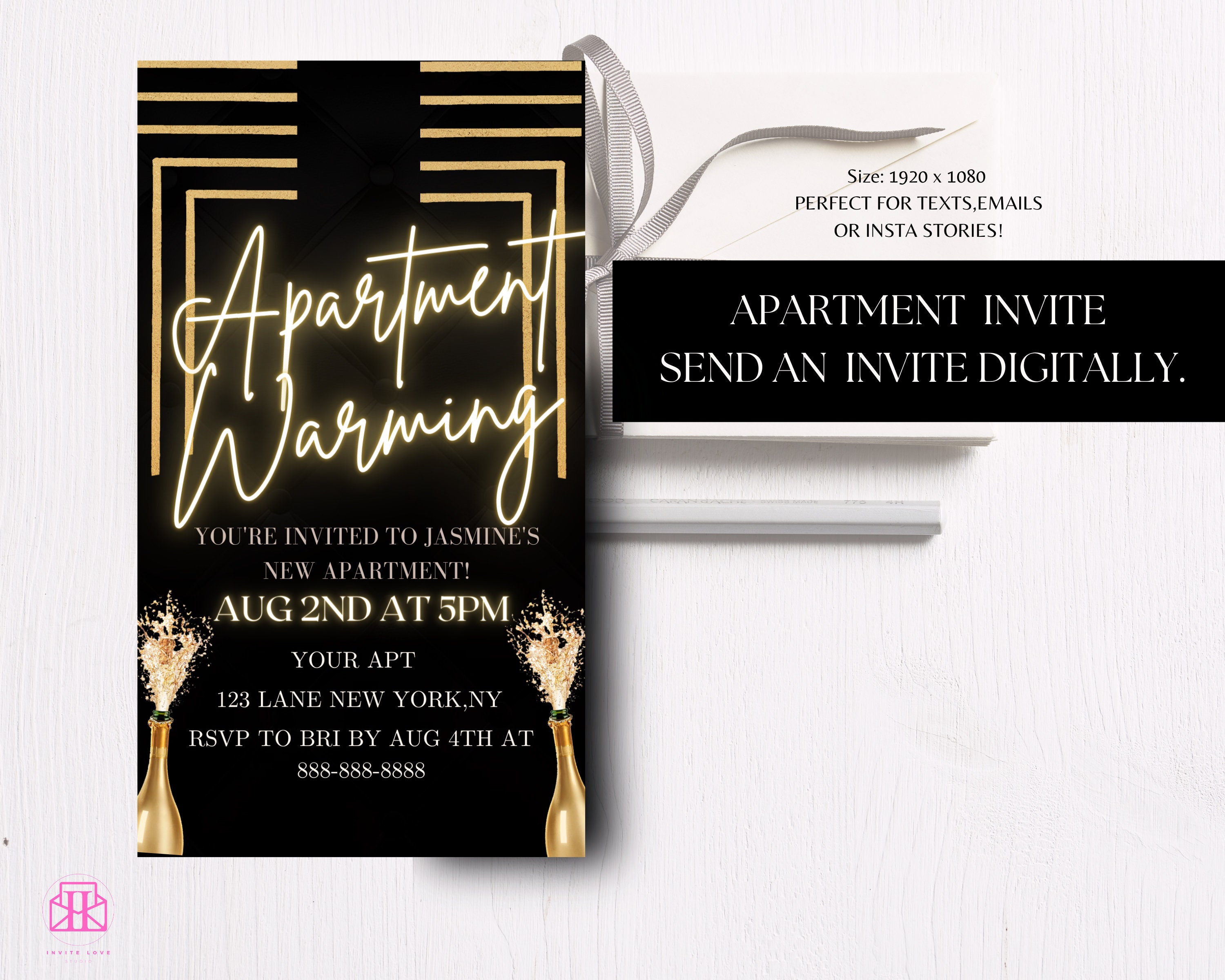 Black and Gold Apartment Warming Invitation, Digital New House Invite ...