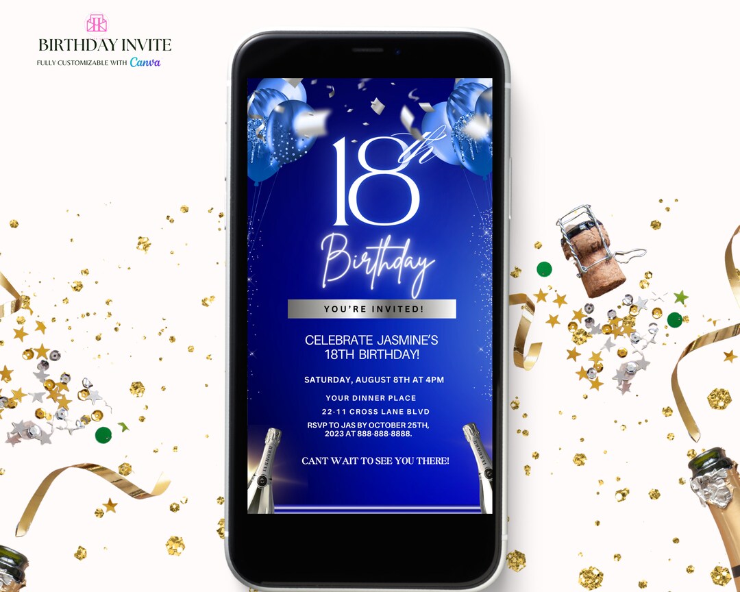 18th Blue and Silver Birthday Invitation, Women's 18th Blue Digital ...