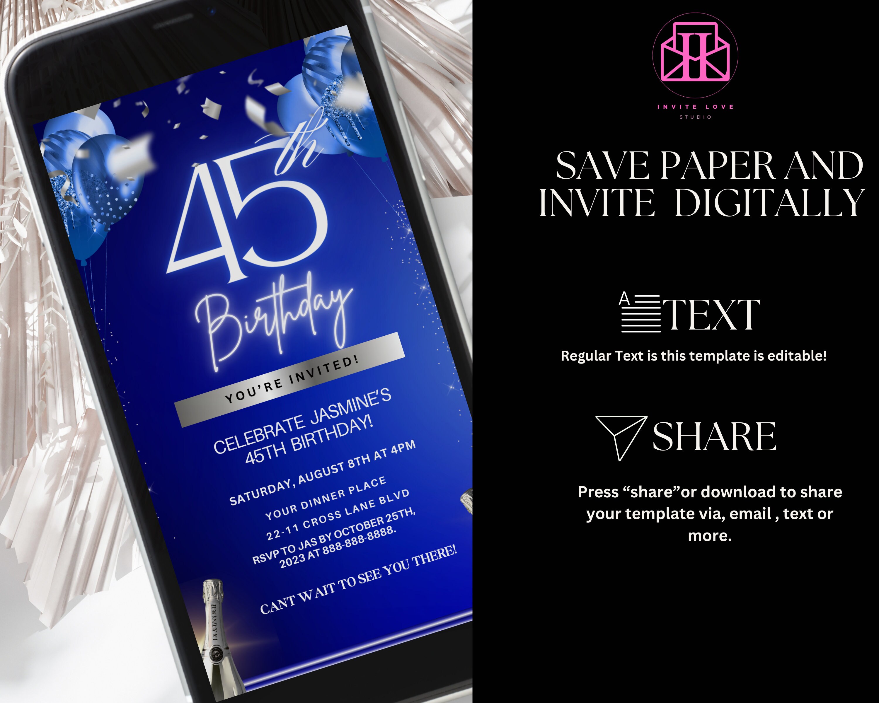45th Blue and Silver Birthday Invitation, Women's 45th Blue Digital ...