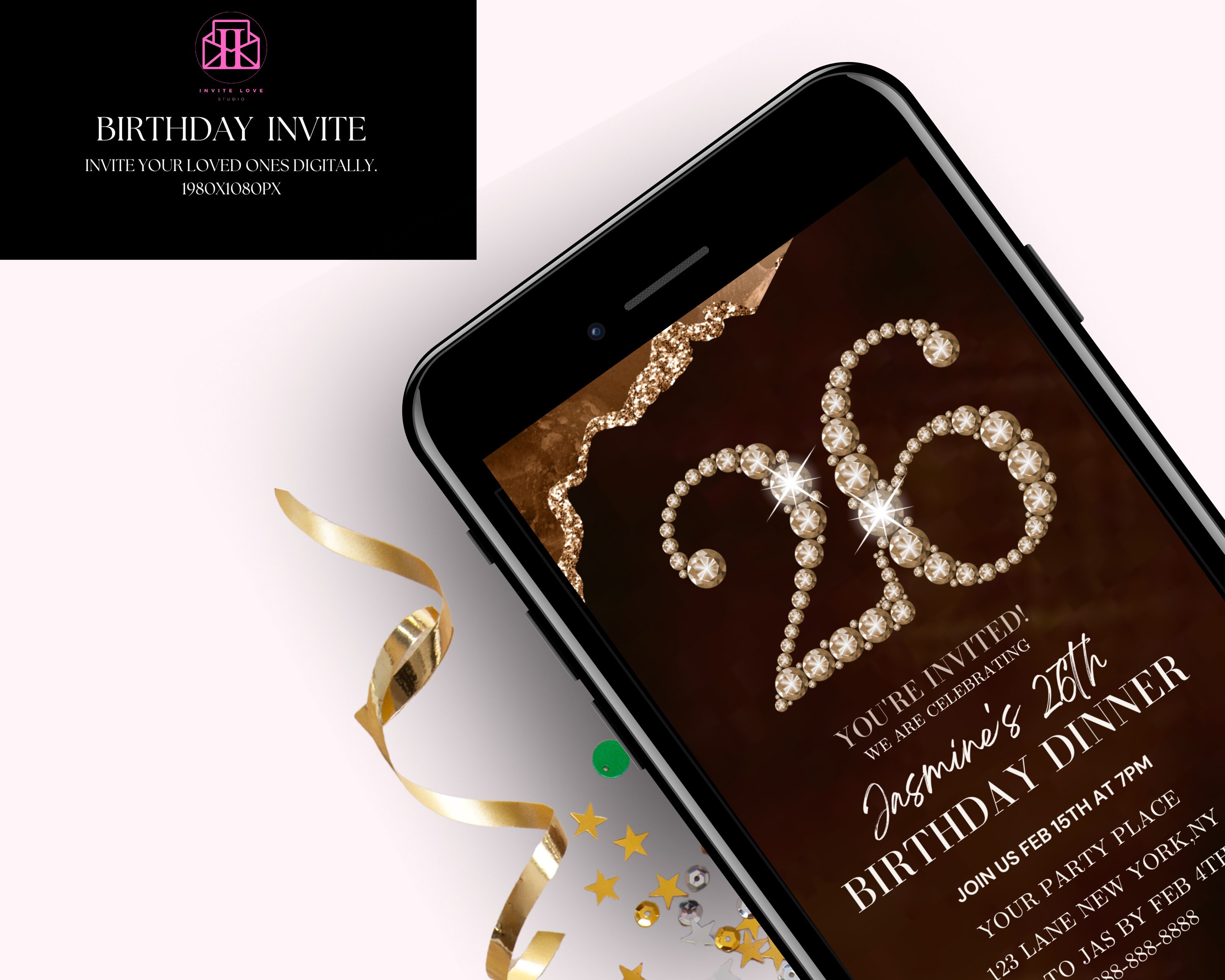 26th Brown Agate Birthday Birthday Party Invitation, 26th Digital ...