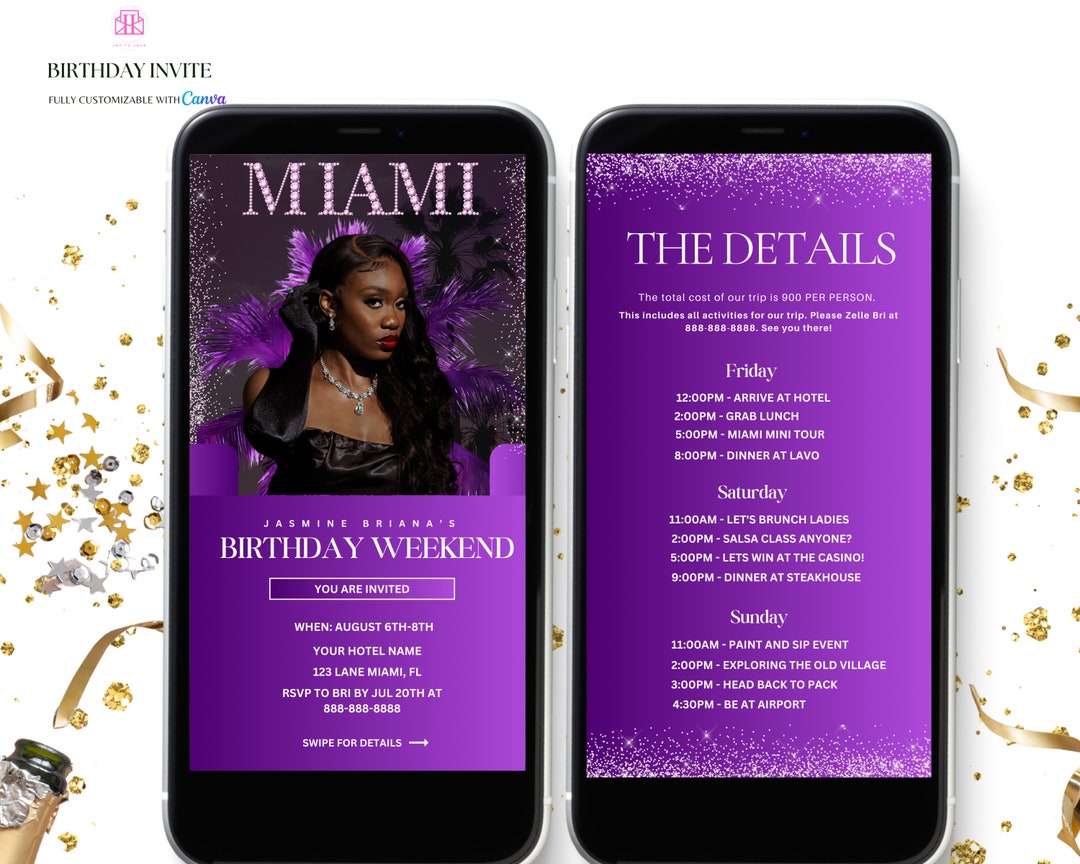 Purple Miami Birthday Birthday Weekend Invitation, Glam Diamonds Miami ...