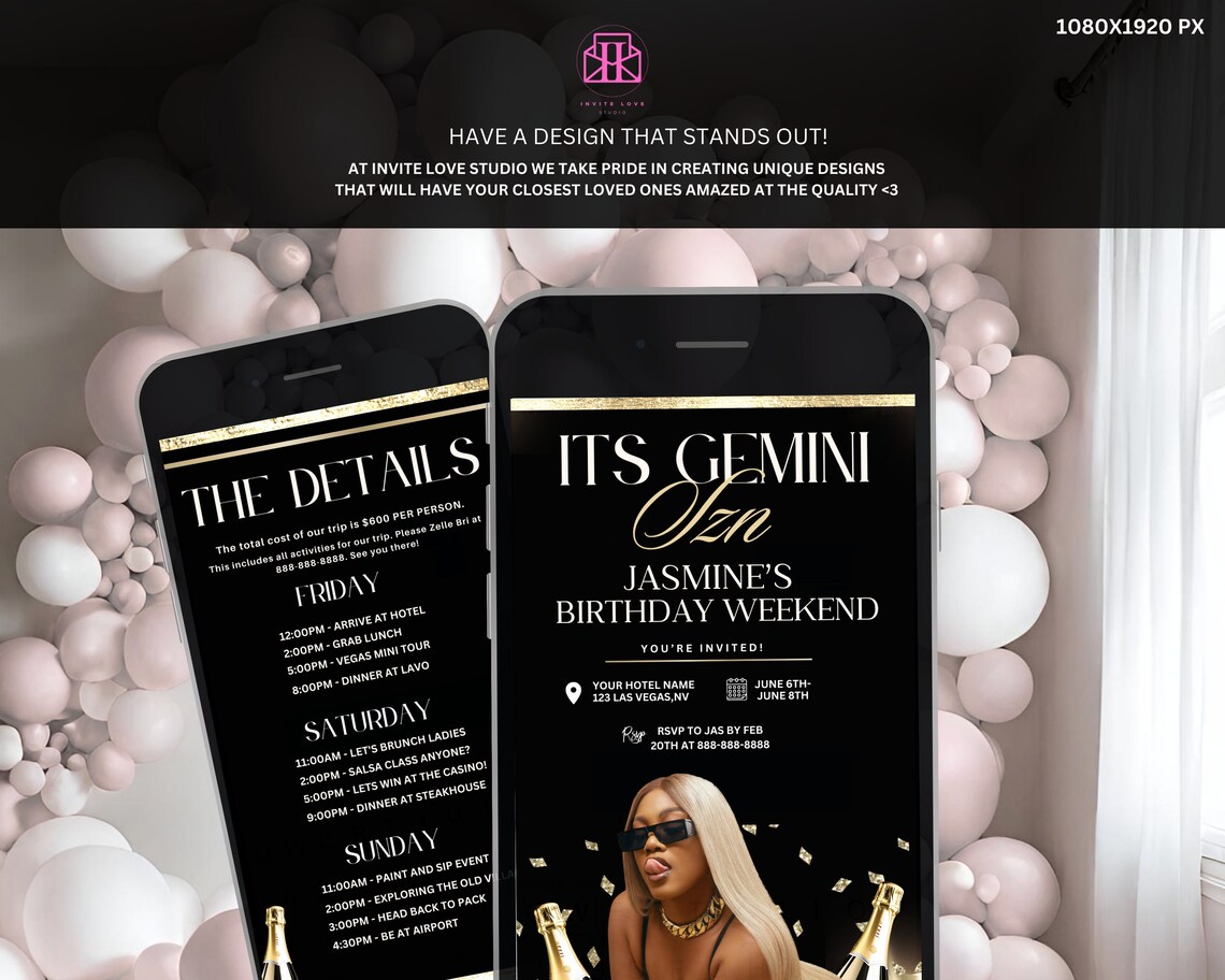 Black & Gold Gemini Birthday Weekend Invitation, Digital Birthday Girl ...