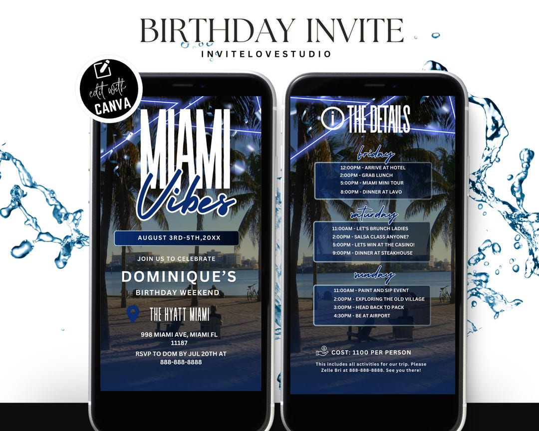 Editable Birthday Weekend Invitation, Digital Miami Birthday Girl Trip ...