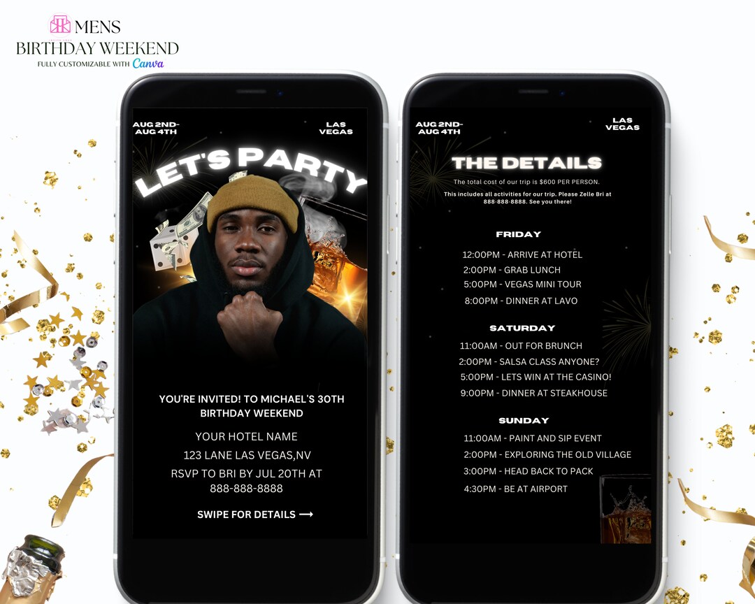 Black and White Men's Birthday Weekend Invitation, Digital Birthday Men ...