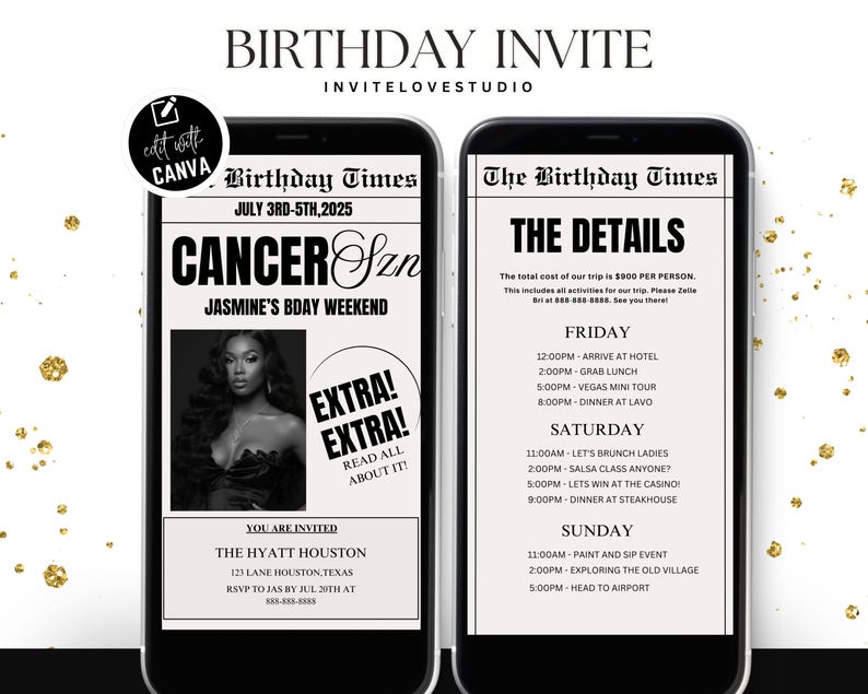 Editable Cancer Birthday Weekend Newspaper Invitation, Digital Cancer ...