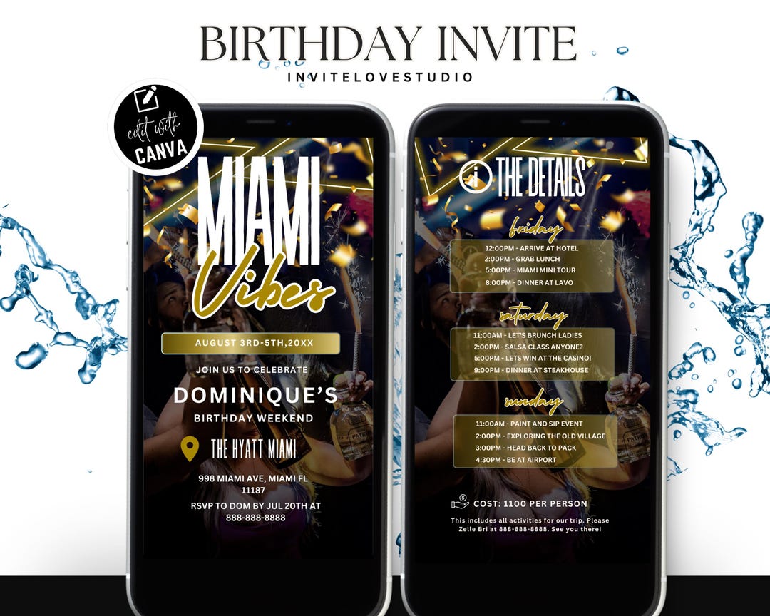 Editable Birthday Weekend Invitation, Digital Miami Birthday Girl Trip ...