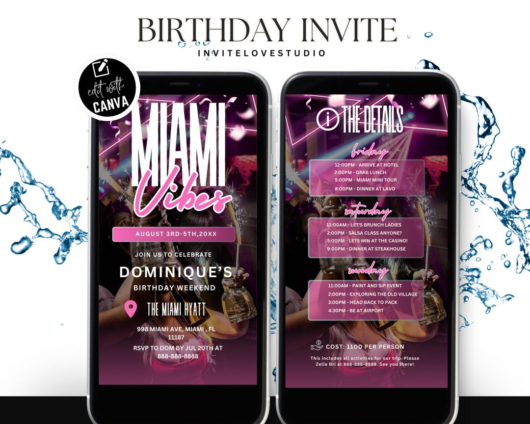 Editable Birthday Weekend Invitation, Digital Miami Birthday Girl Trip ...