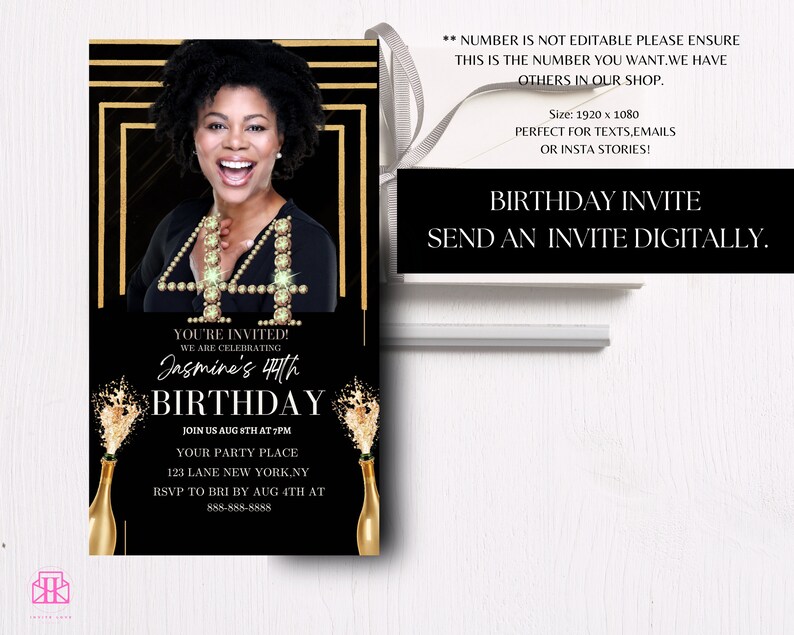 44th Black and Gold Birthday Birthday Party Invitation, 44th Digital ...