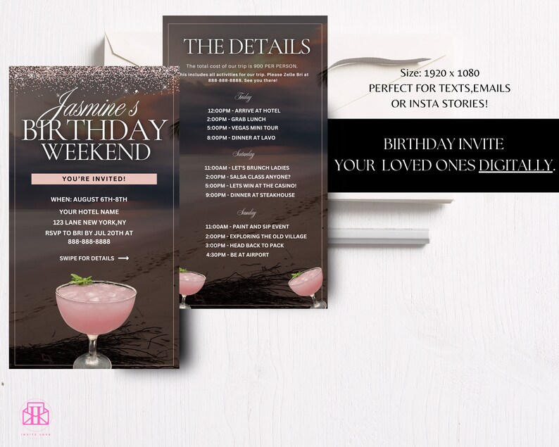 Birthday Weekend Itinerary Invitation, Digital Pink Travel Mobile ...