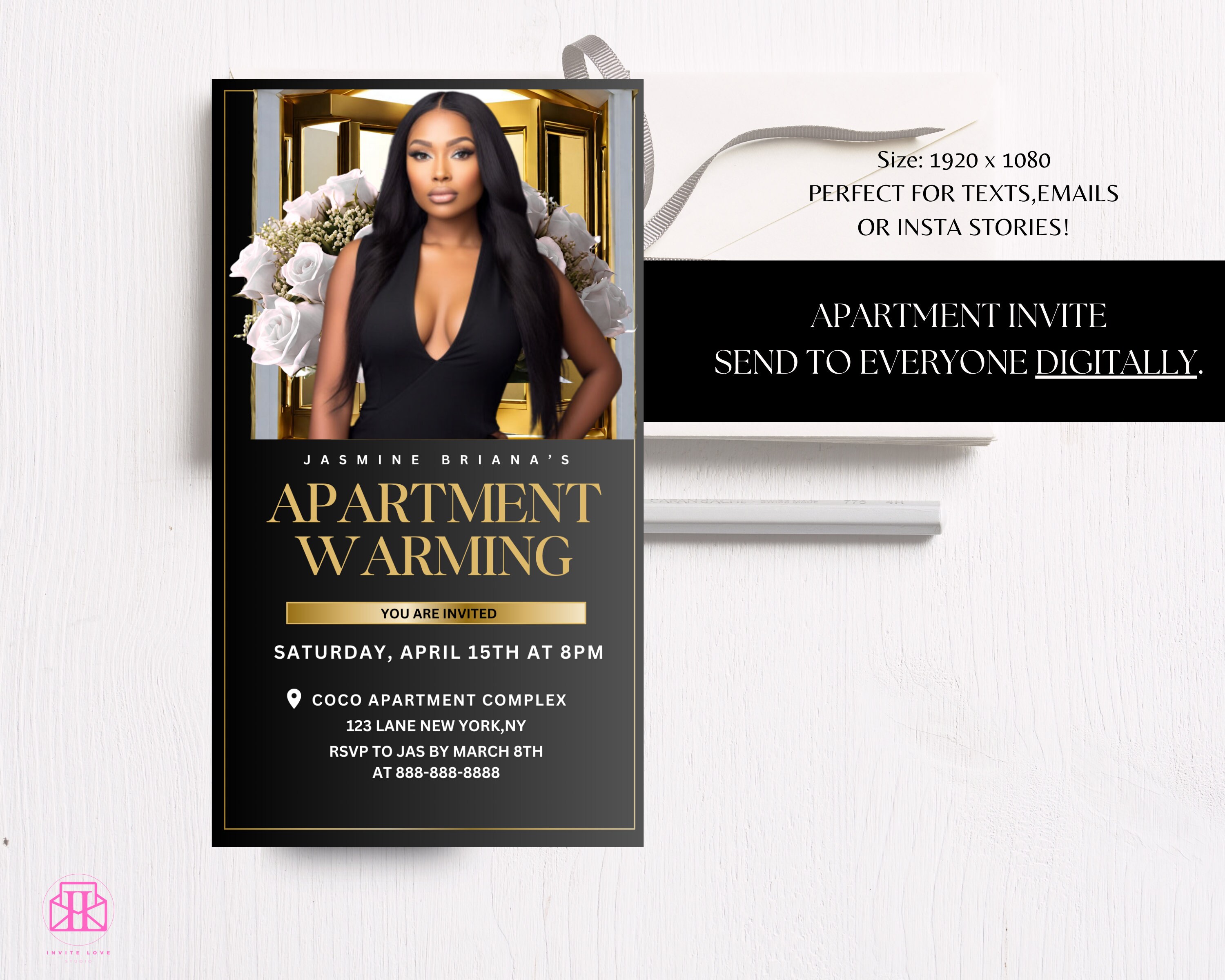 Black and Gold Apartment Warming Invitation, Digital New House Invite ...