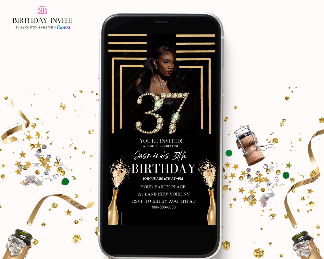 37th Black and Gold Birthday Birthday Party Invitation, 37th Digital ...