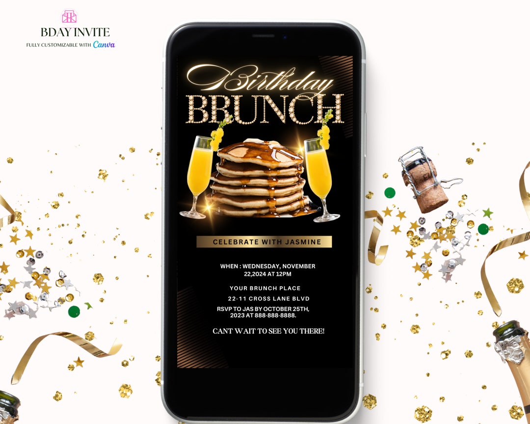 Black and Gold Birthday Brunch Invitation, Women's Brunch Digital ...