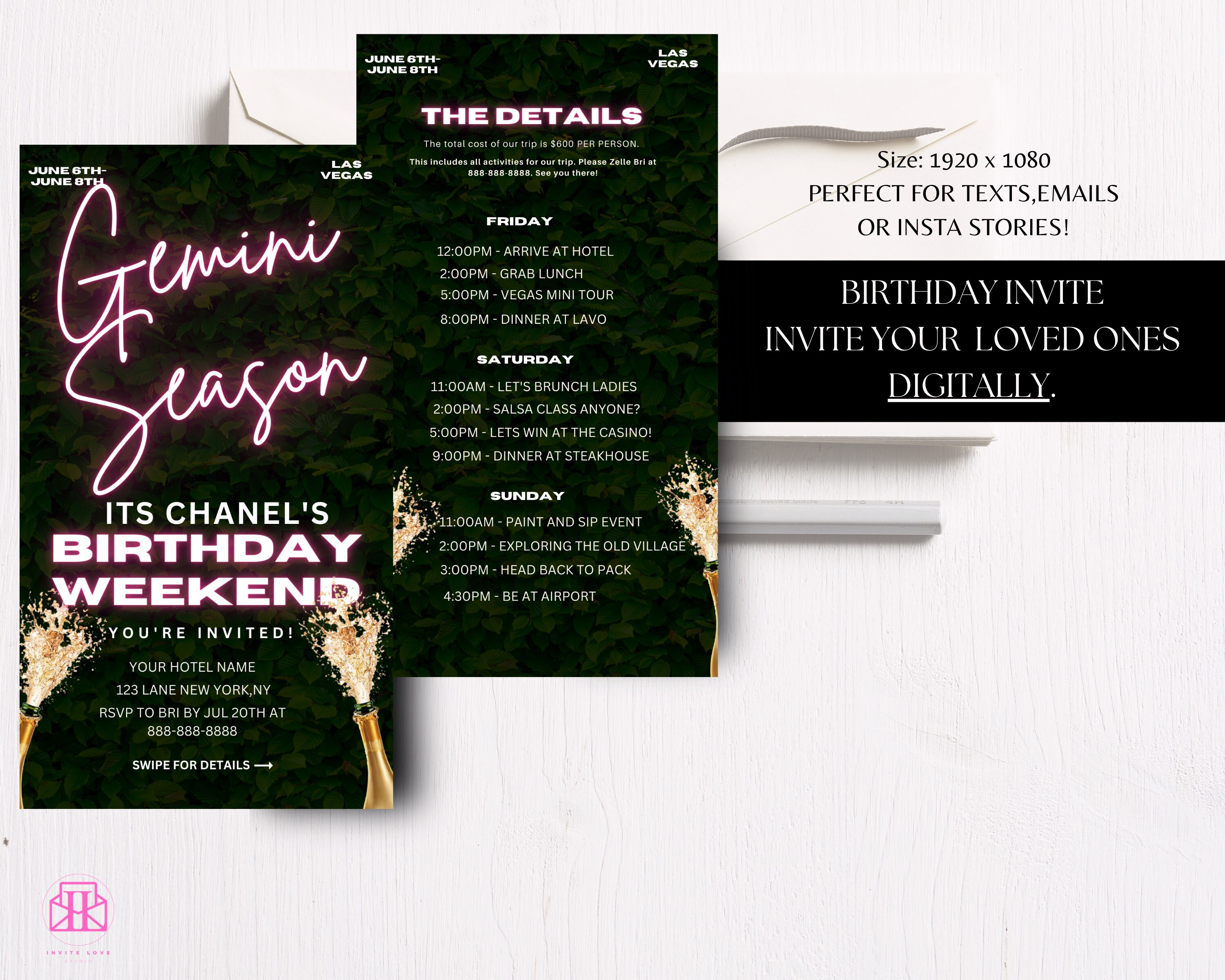 Neon Greenery Gemini Birthday Weekend Invitation, Digital Birthday Girl ...