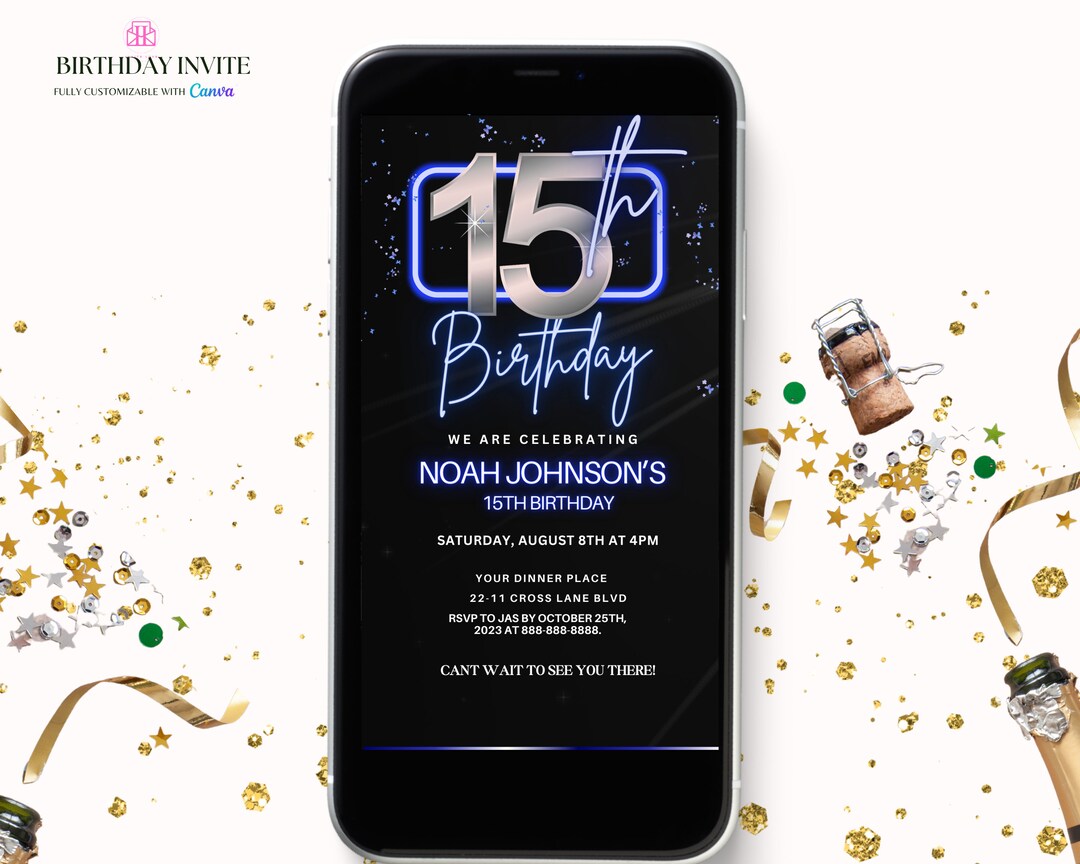15th Neon Blue Birthday Invitation, Teenager Fifteenth Digital Birthday ...