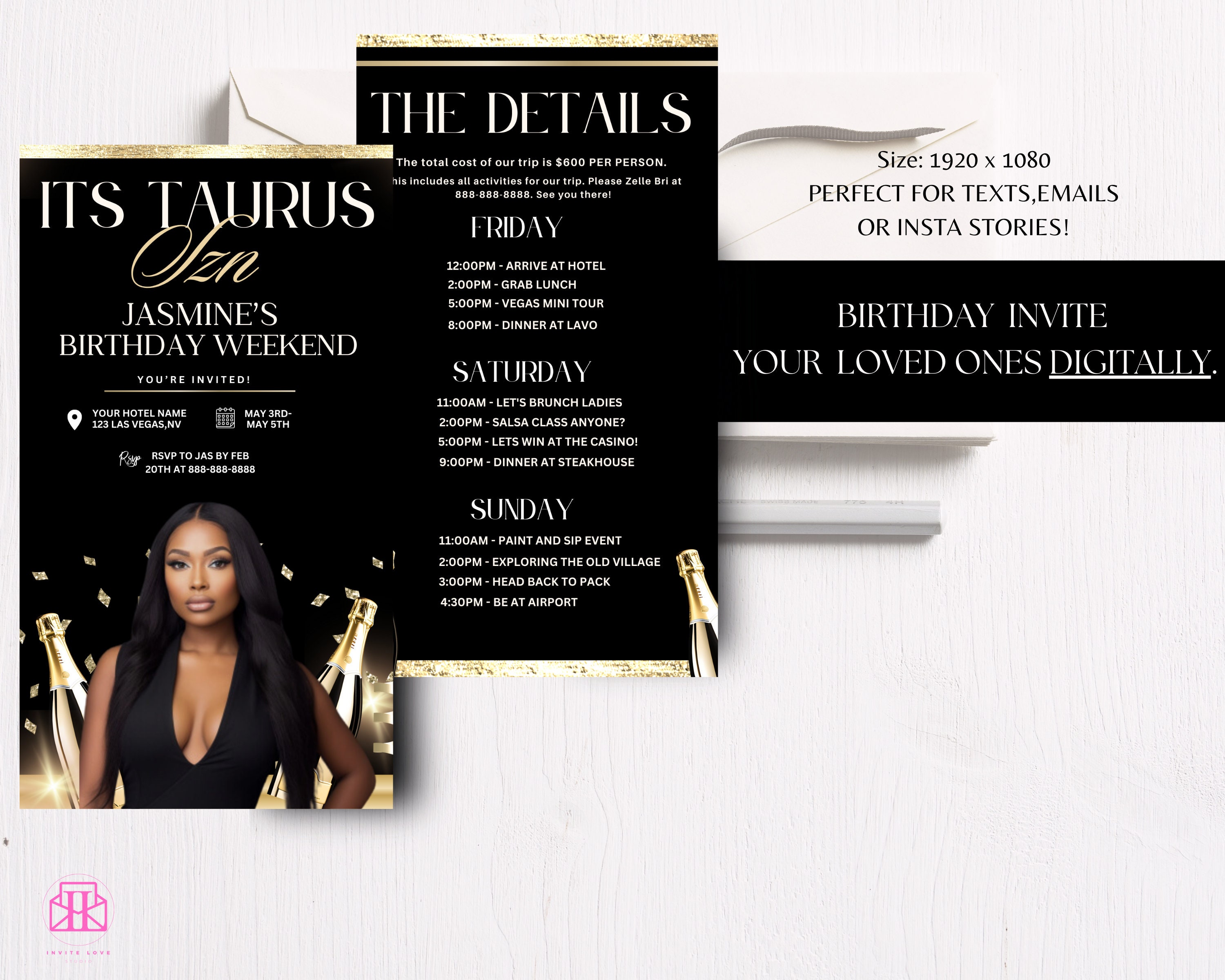 Black & Gold Taurus Birthday Weekend Invitation, Digital Birthday Girl ...