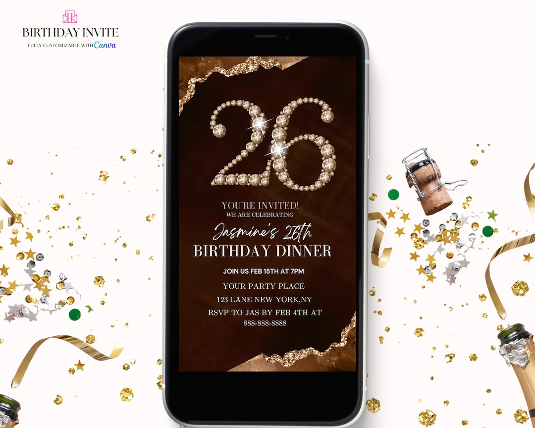 26th Brown Agate Birthday Birthday Party Invitation, 26th Digital ...